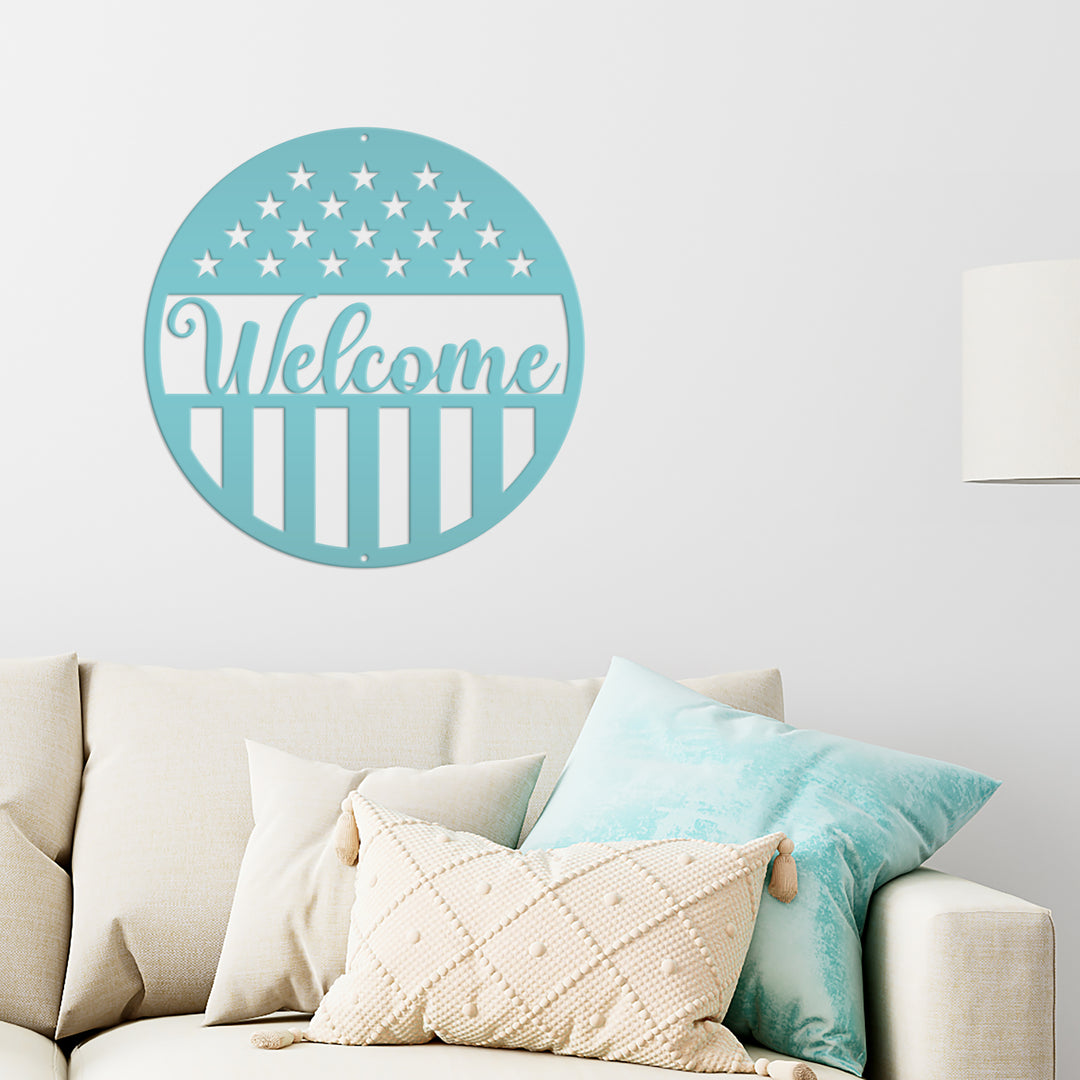 Home American Flag Welcome Metal Sign...