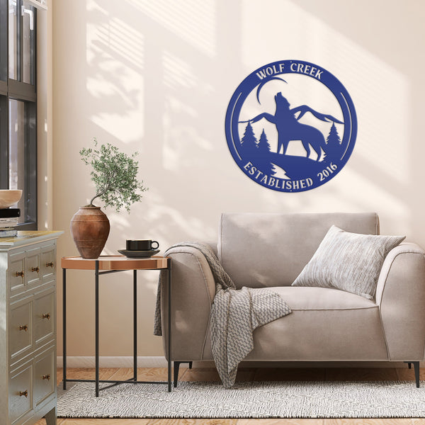 Personalized Name and Established Date Howling Wolf Metal Sign