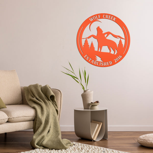 Personalized Name and Established Date Howling Wolf Metal Sign