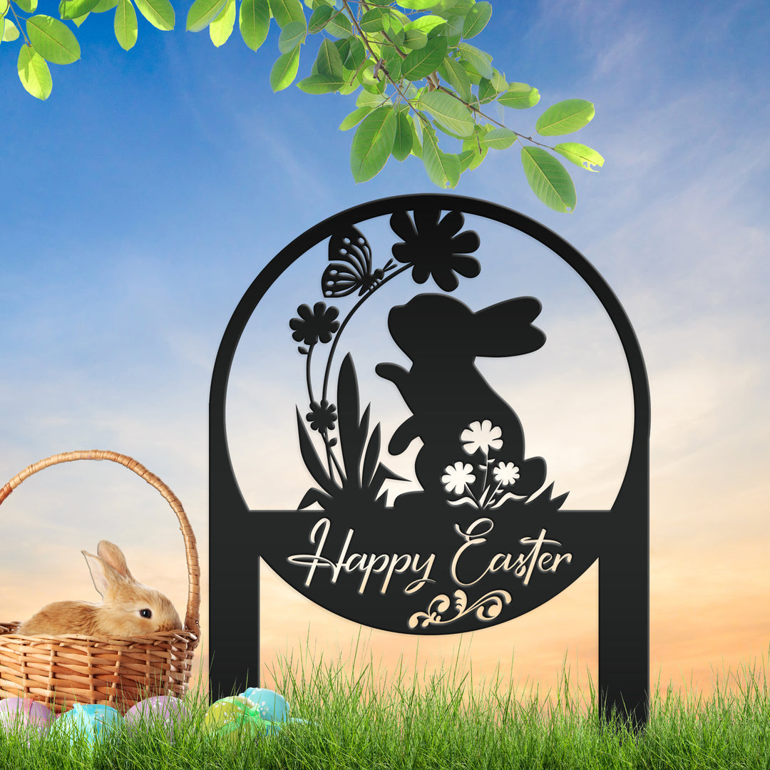 Happy Easter Metal Yard Stake - Easter Bunny Sign With Flowers Yard ...