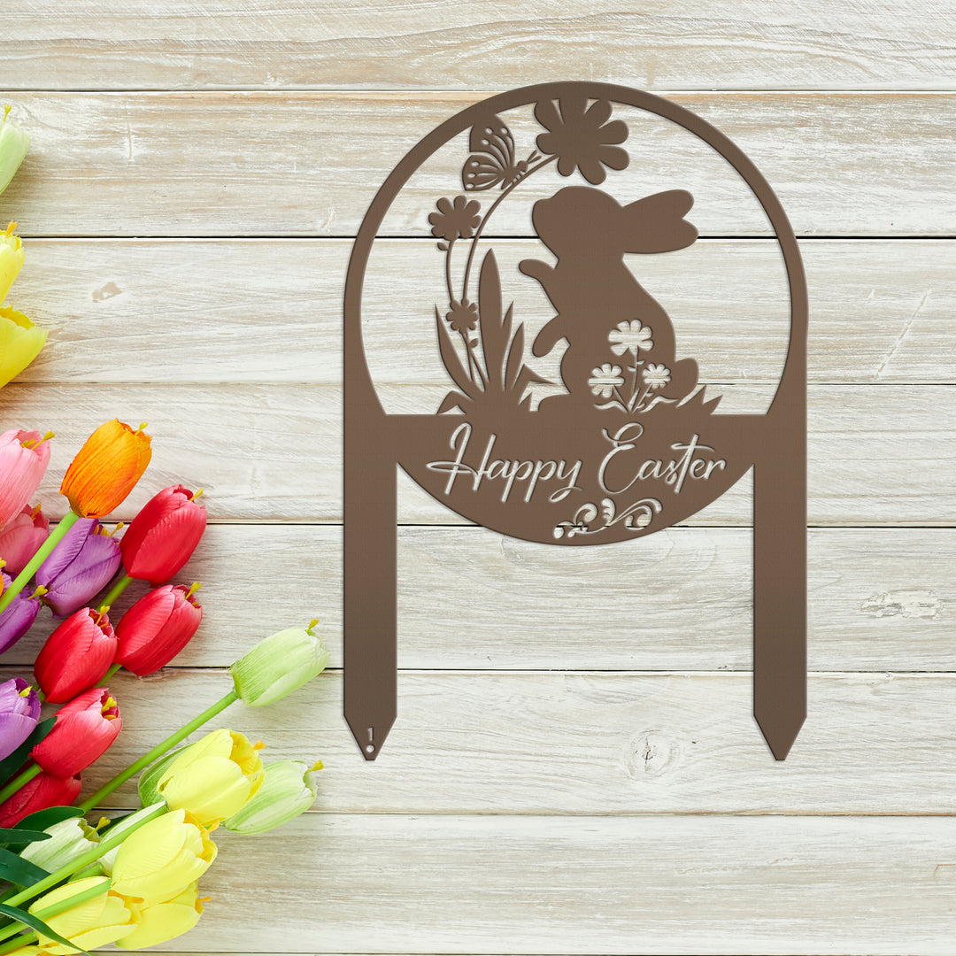 Happy Easter Metal Yard Stake - Easter Bunny Sign With Flowers Yard ...