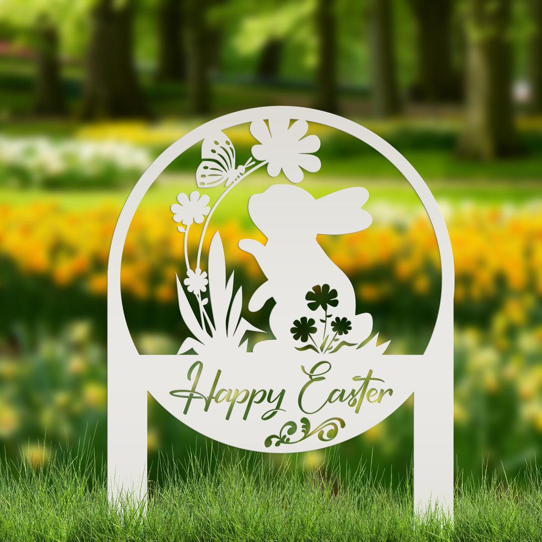 Happy Easter Metal Yard Stake - Easter Bunny Sign With Flowers Yard ...