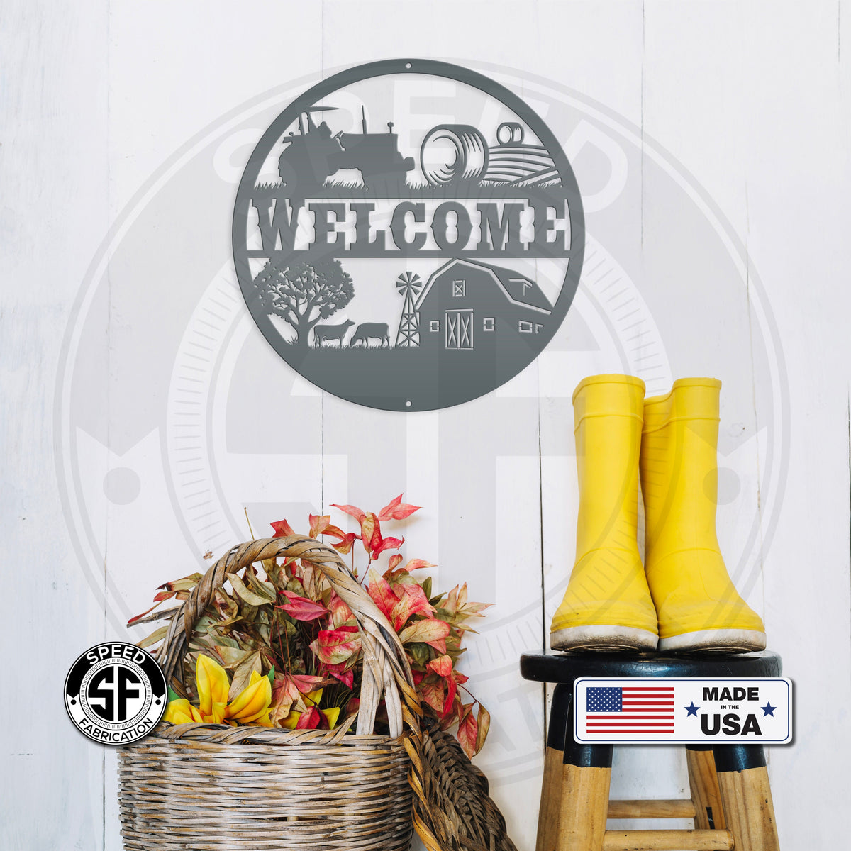 Round Farm Scene Welcome Metal Sign-Family Farm Welcome Sign-Indoor-Ou ...