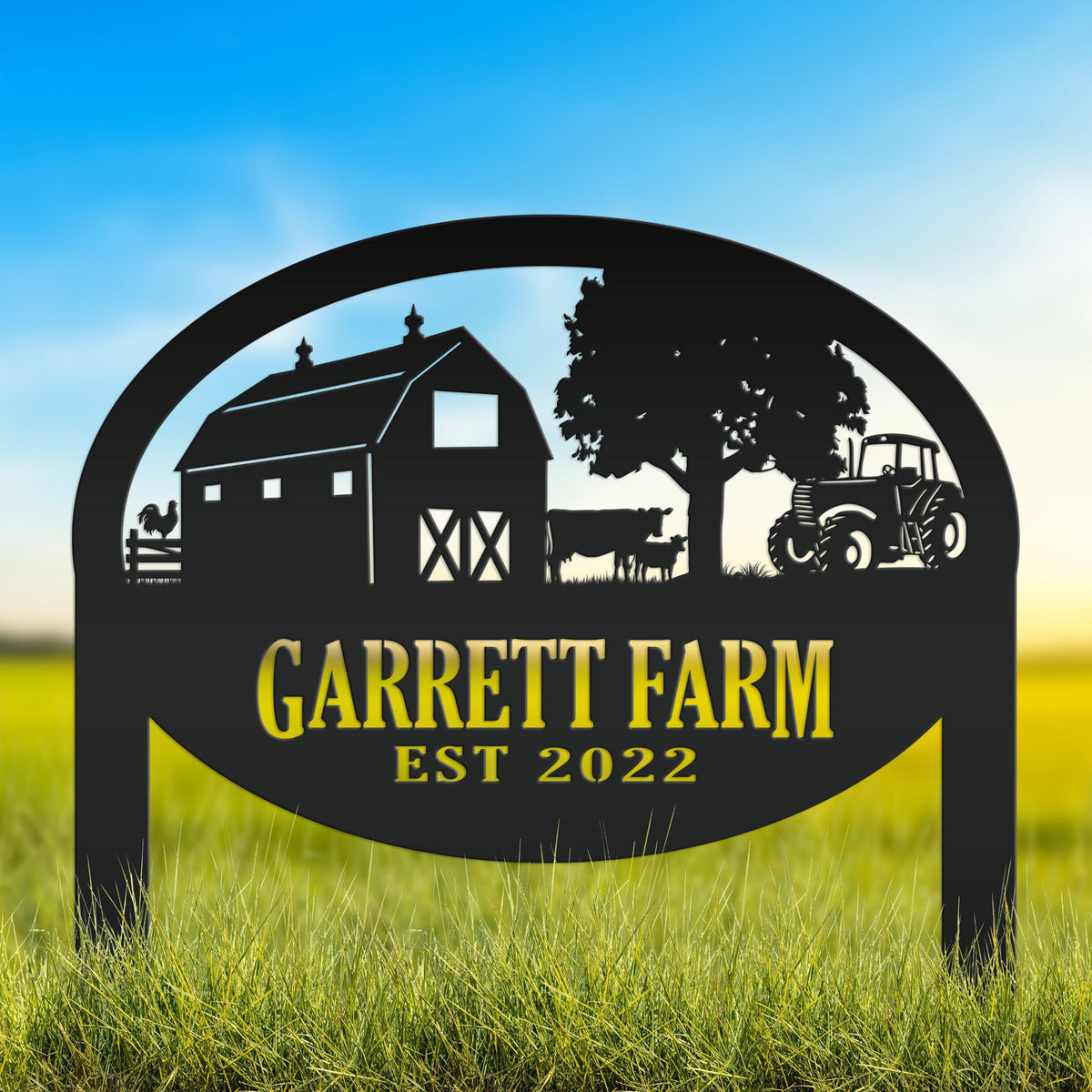 Custom Farm Sign Metal Outdoor Yard Stake with Tractor Scene, Front Fl ...