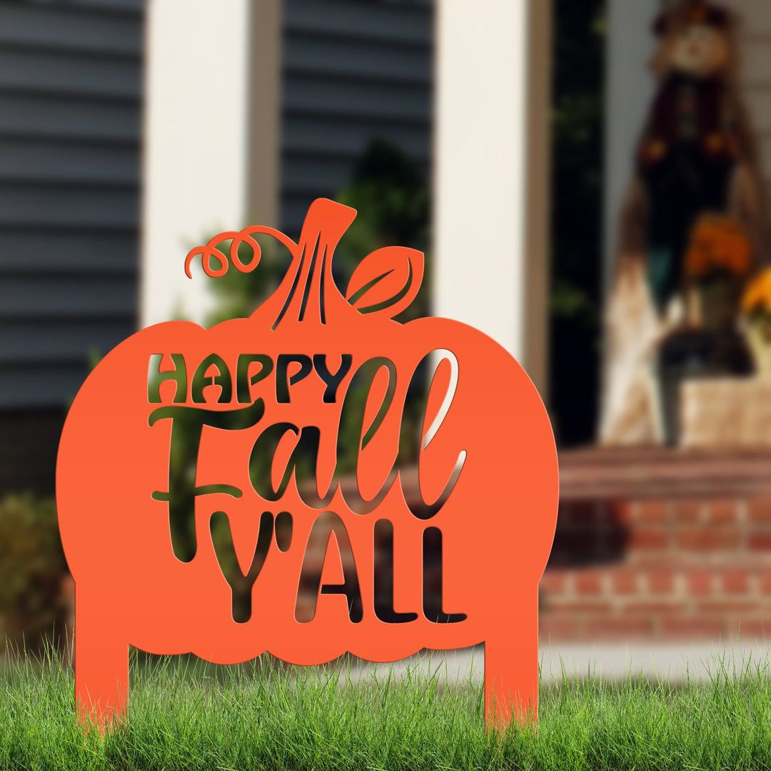 Happy Fall Y'all Pumpkin Metal Yard Stake - Autumn Decor